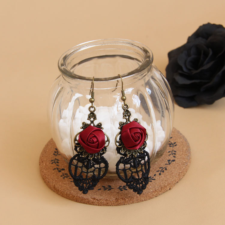 Europe America Hot-Selling Prom Hollow Personality Lace Red Rose Ear ...