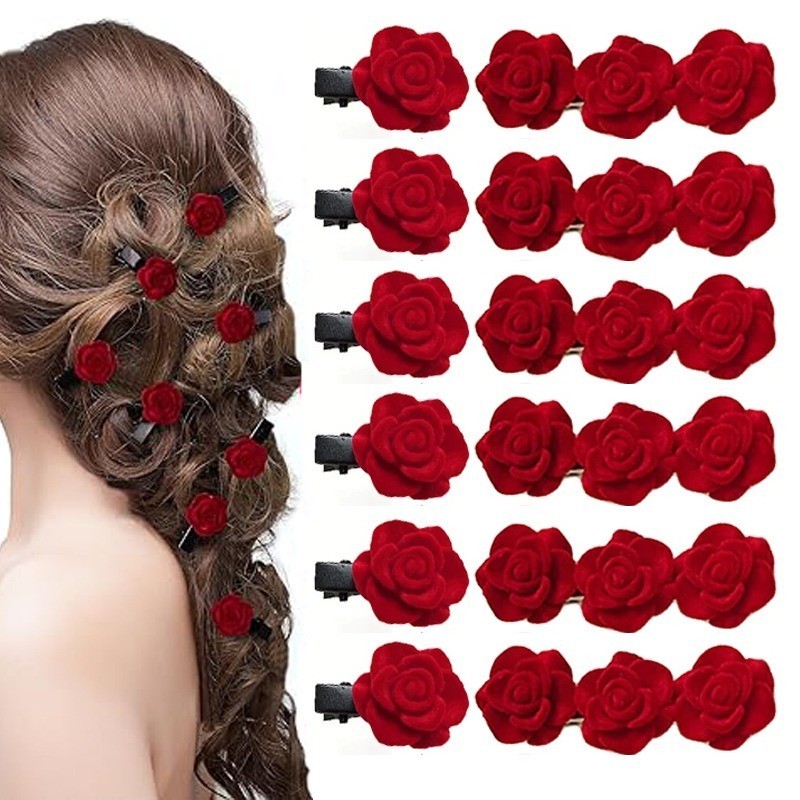 Korean Red Velvet Rose Hair Clips/Mini Small Roses Flower Hairpins ...