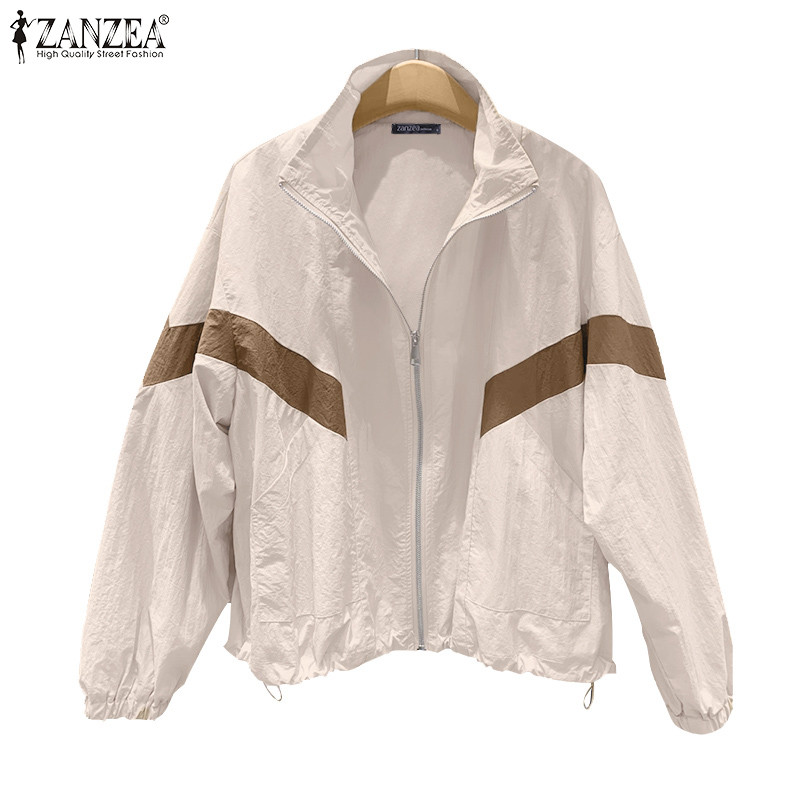 ZANZEA Women Korean Fashion High Neck Metal Zipper Contrast Splicing ...