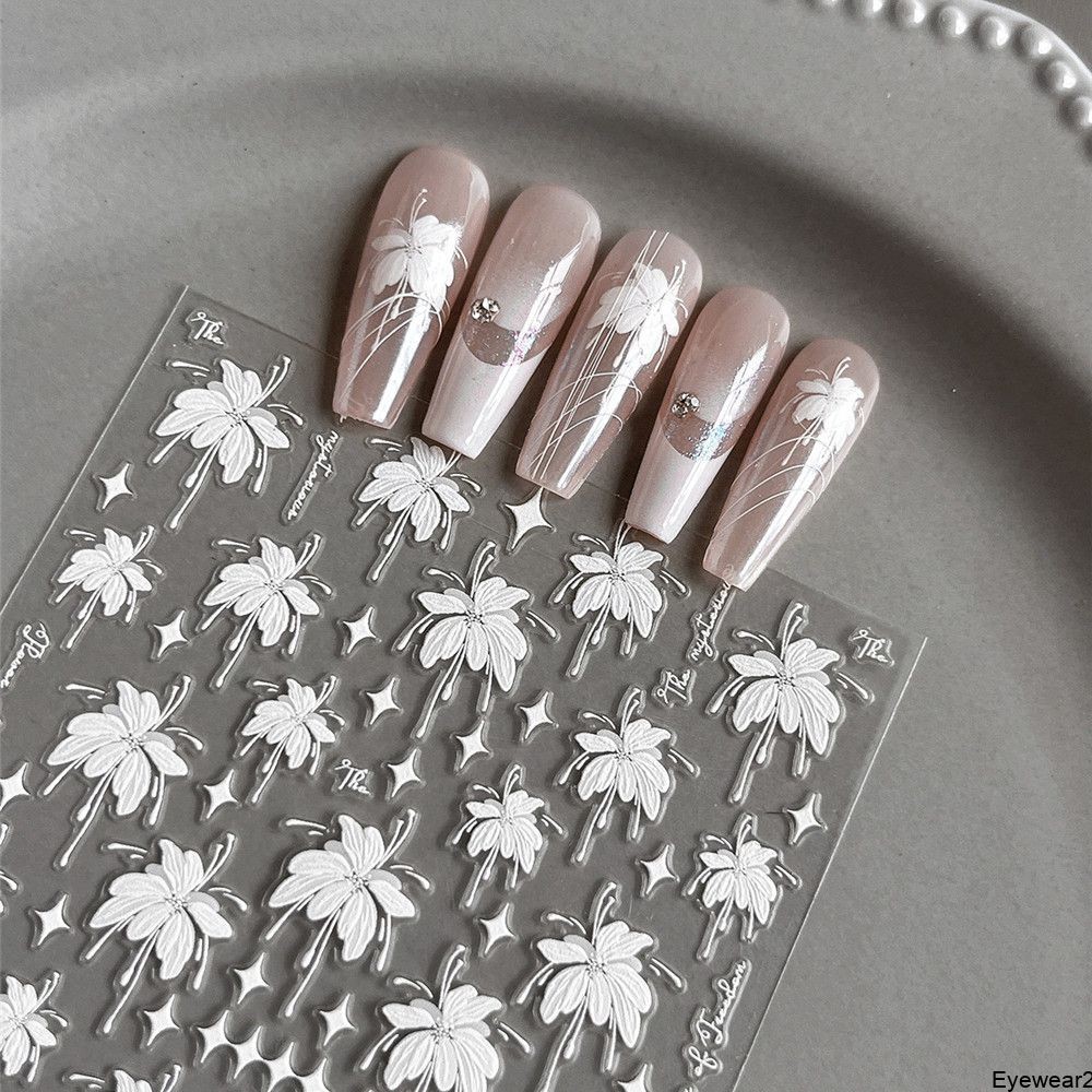 3D White Flower Nail Art Stickers Cute Floral Adhesive Sliders Embossed ...