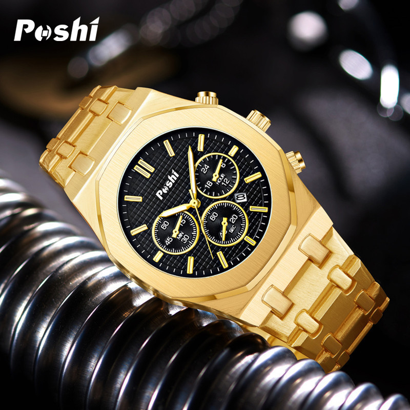POSHI Men's Original Luxury Stainless Steel Gold Black Business Fashion ...