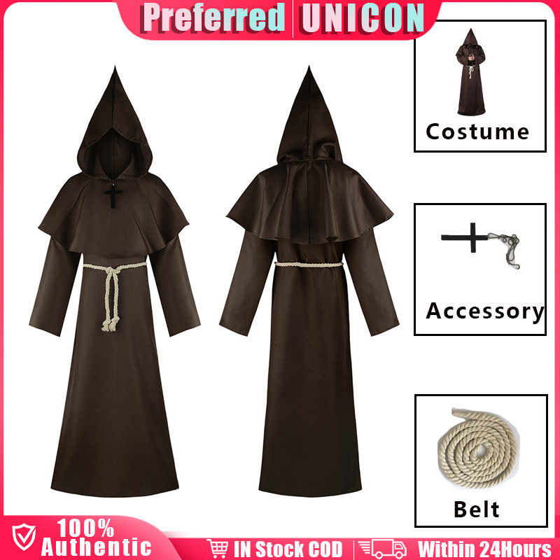 Medieval Monk Costume Wizard Friar Robe Christian Priest Hooded Cape ...