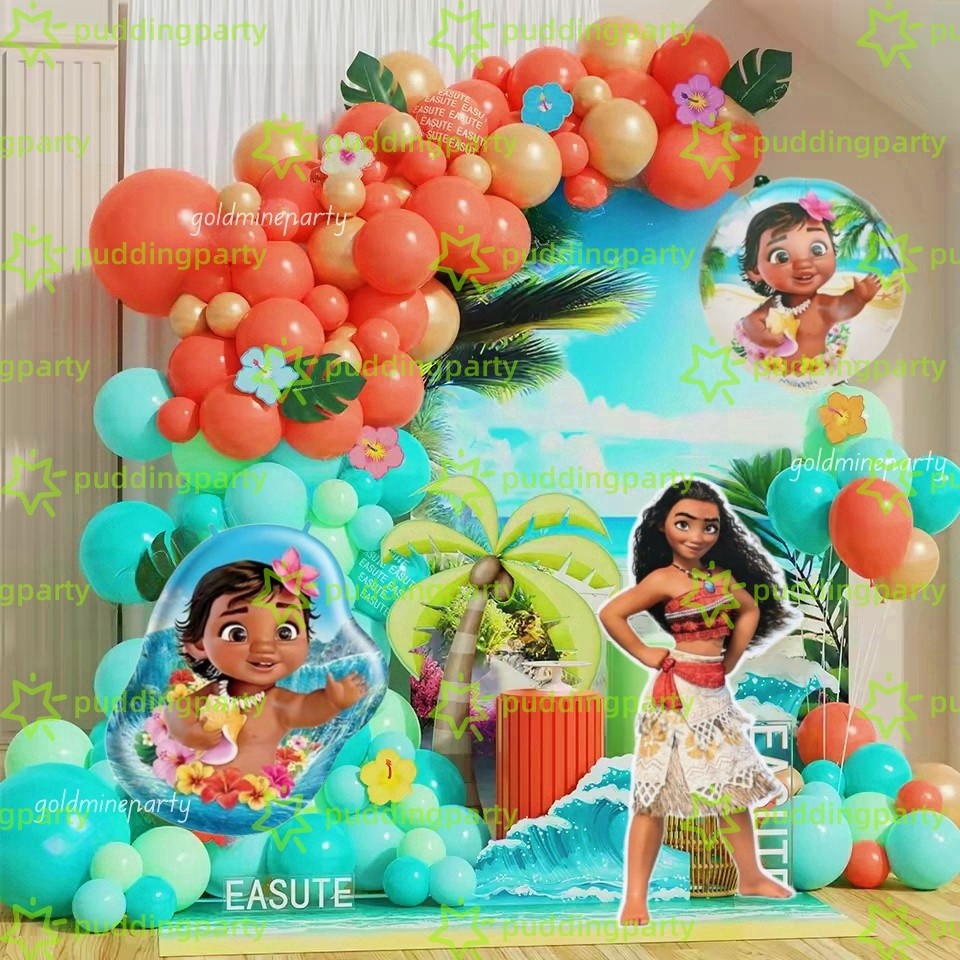 Moana Balloon Garland Arch Blue Orange Gold Latex Birthday Decor Baby ...