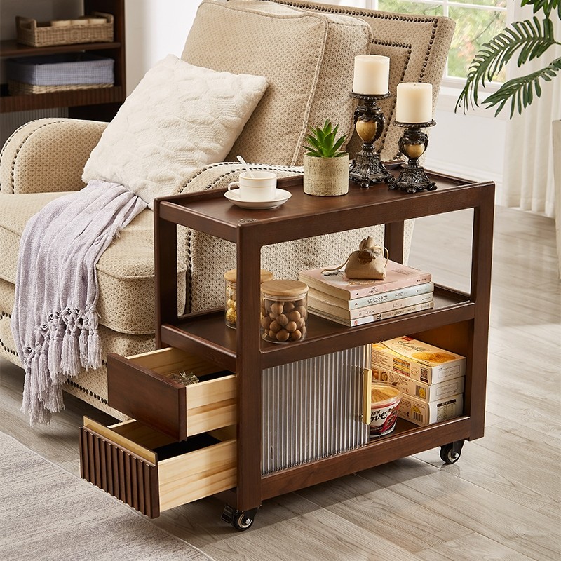 Movable Sofa Side Table with Wheels, Solid Wood Tea Table, Storage ...