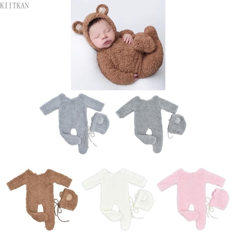 KIIK Baby Photo Props Berber Fleece Bear Ear Hat Jumpsuit Set Newborn ...