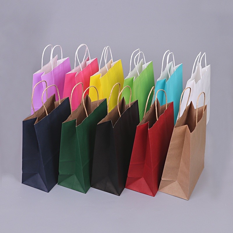 10 PCS Paper Bags Birthday Booty Gift Tote Bags Solid Color Kraft Paper ...