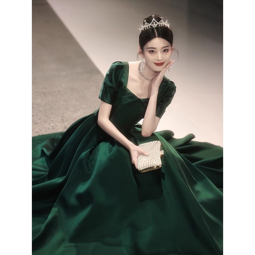 Hawlife Korean Green Satin Elegant Puff Sleeve Evening Prom Ball JS ...