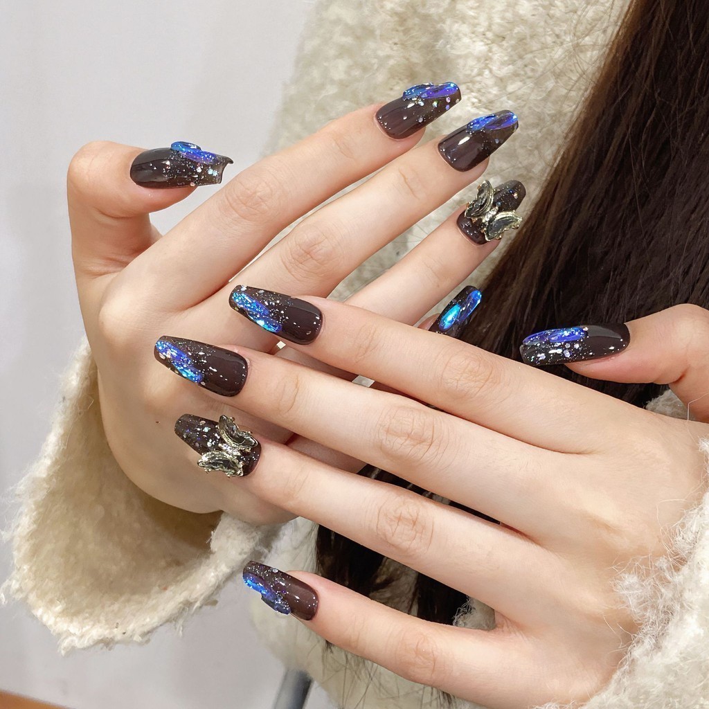 100% HANDMADE Long Coffin Shape Fake Nail set with glue Translucent ...
