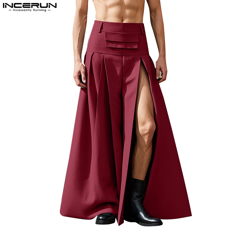 INCERUN Men Vintage Personality High Waist Pleats Slit Design Long ...