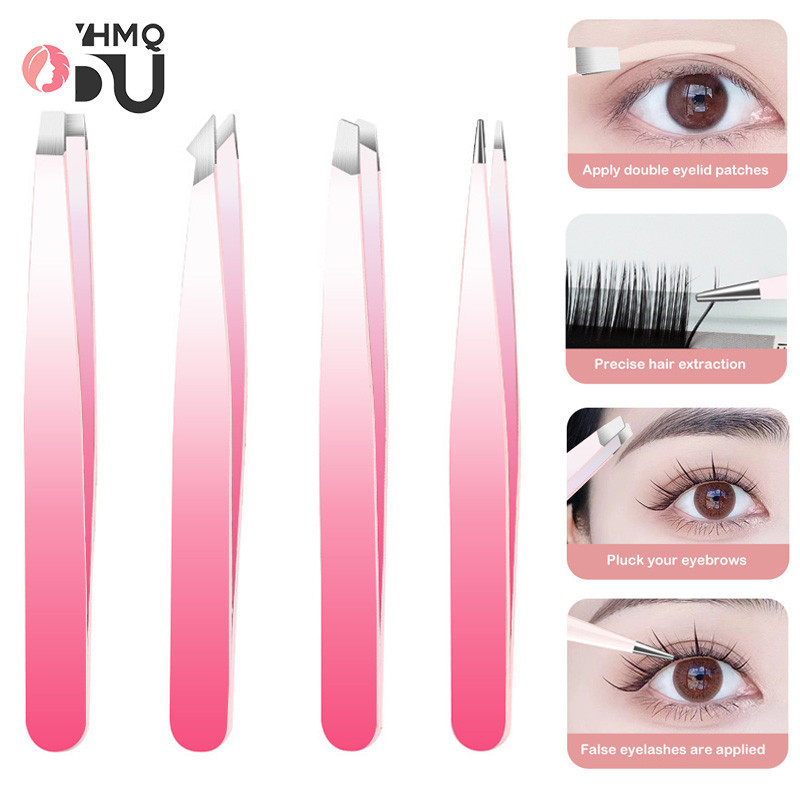 4 Pcs/Set Eyebrow Tweezers Set Stainless Tilted Slanted Eye Brow Clips ...