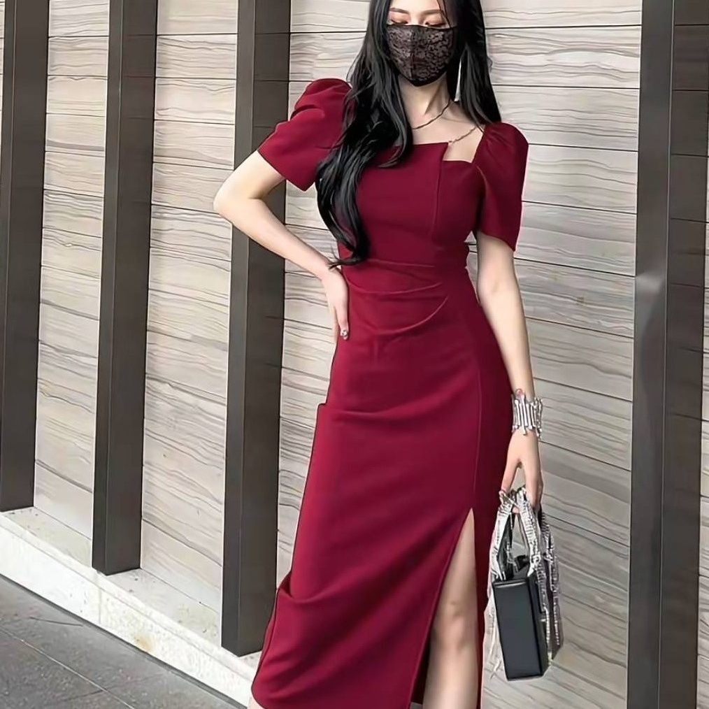 Korean Purple Black Red Puff Sleeve Evening Cocktail Prom Split Dress ...