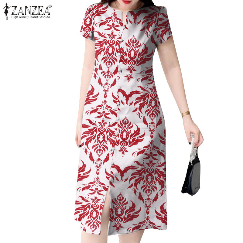 ZANZEA Women Korean Round Neck Short Sleeves Print Fake Placket Slit ...