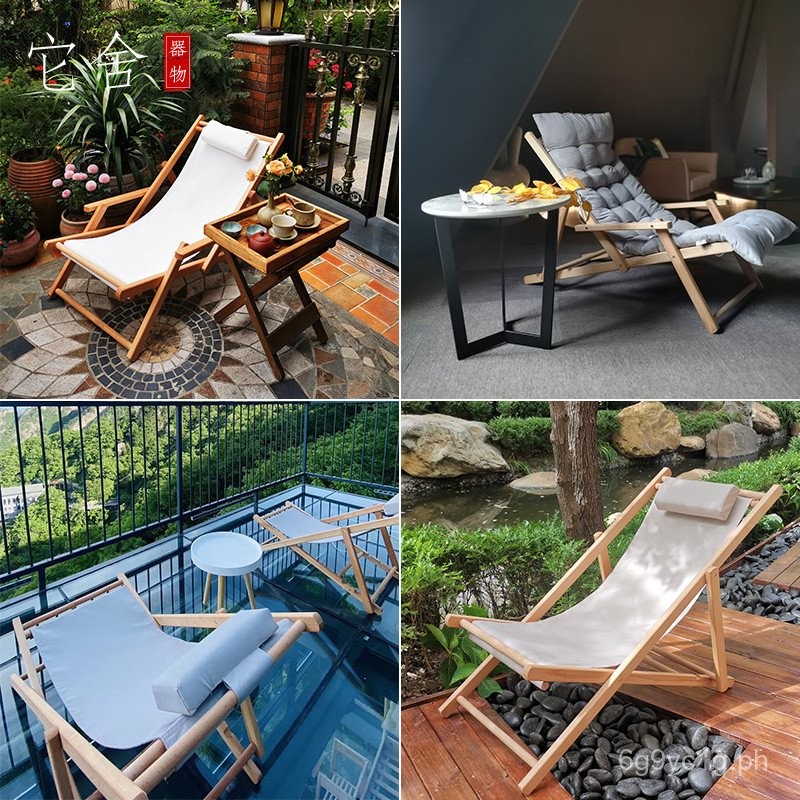 Solid Wood Recliner Folding Nap Chair Balcony Leisure Chair Canvas Home ...