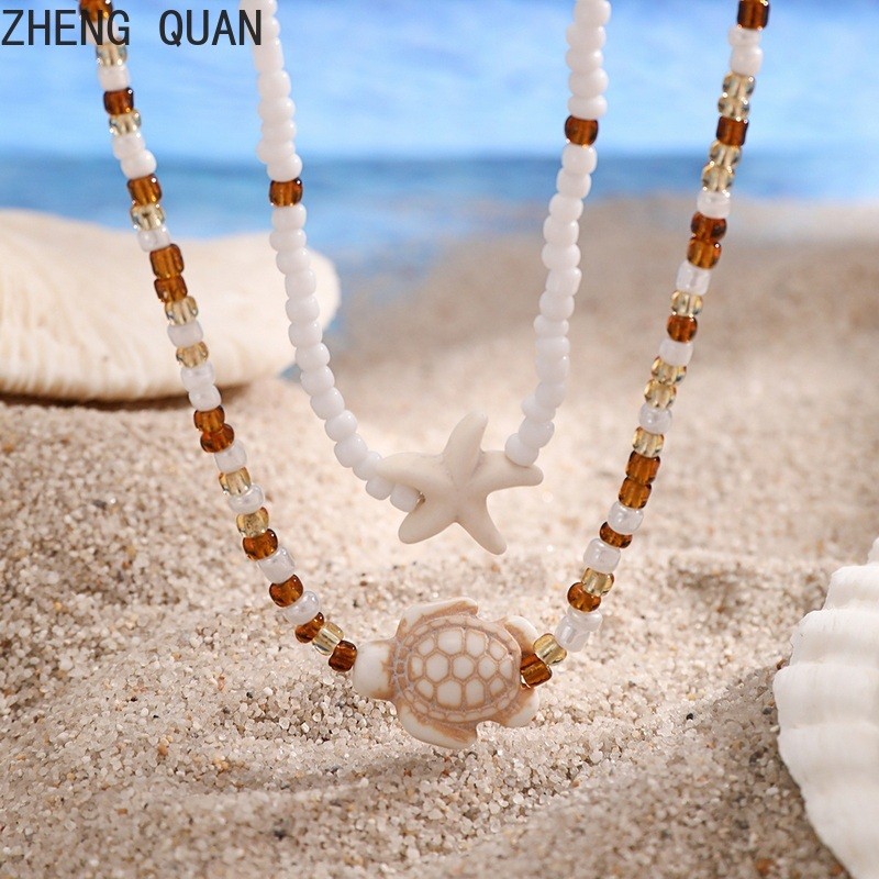 2 PCS Handmade Starfish Turtle Shell Necklace Beaded Necklaces For ...