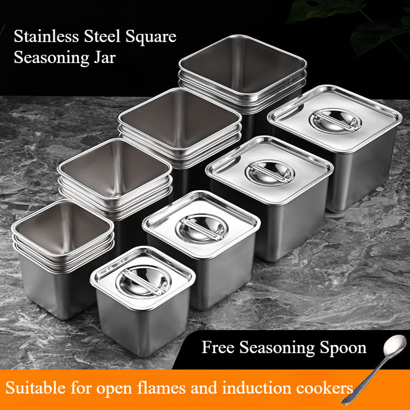 Stainless Steel Square Seasoning Jar with Lid Commercial Jam Basin ...