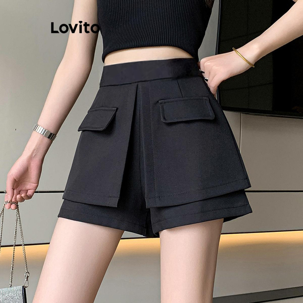 Lovito Women Casual Plain Asymmetrical Shorts LNE50485 | Shopee Philippines