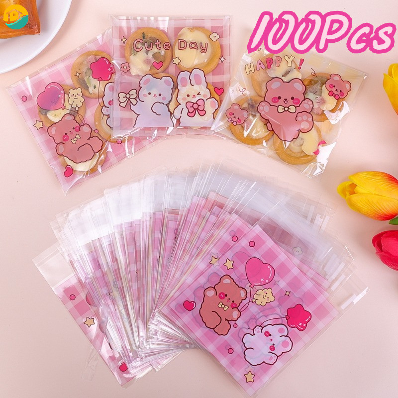 100Pcs/Bag Cute Little Bear Gift Bags Transparent Plastic Printed Self ...