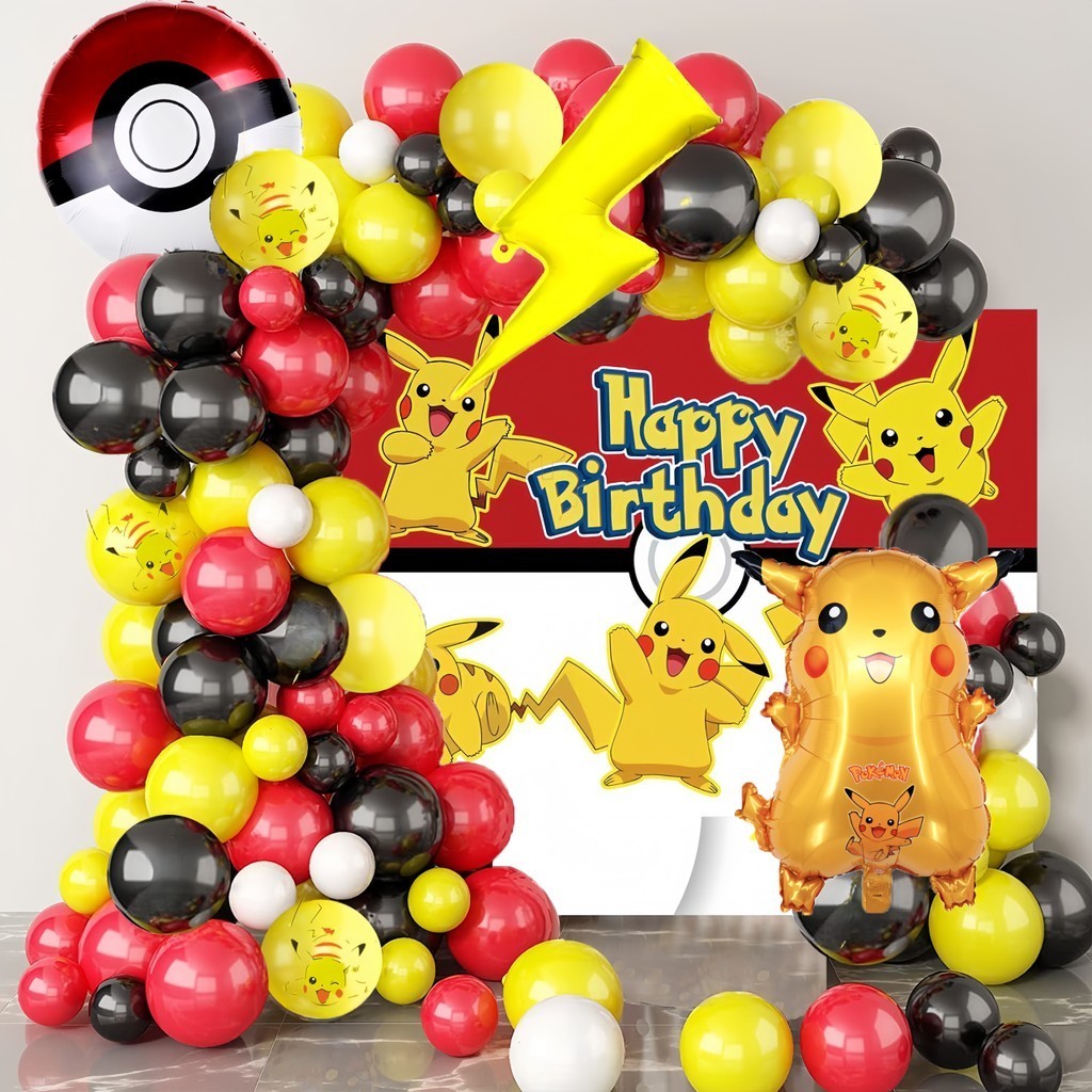 84pcs Cartoon Pokemon Pikachu Theme Red Yellow Black Balloon Arch with ...