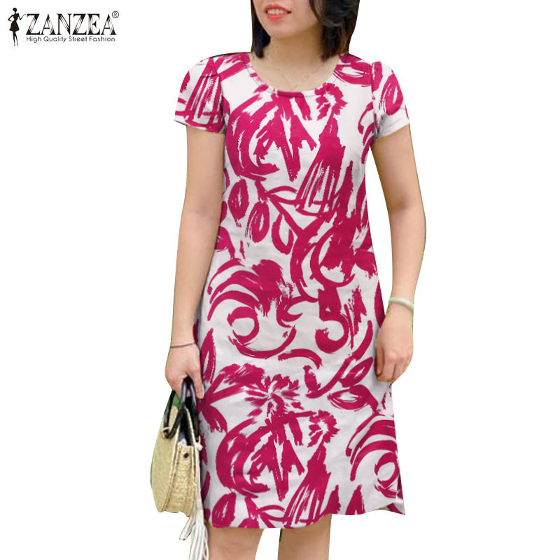 ZANZEA Women Vintage Daily Short-Sleeved Buttons Design Printed Dresses ...