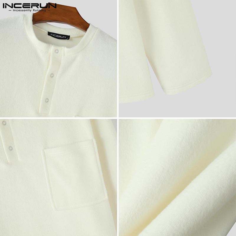 INCERUN Men Korean Cozy Casual Half-Button Long Sleeve Plush T-Shirts ...