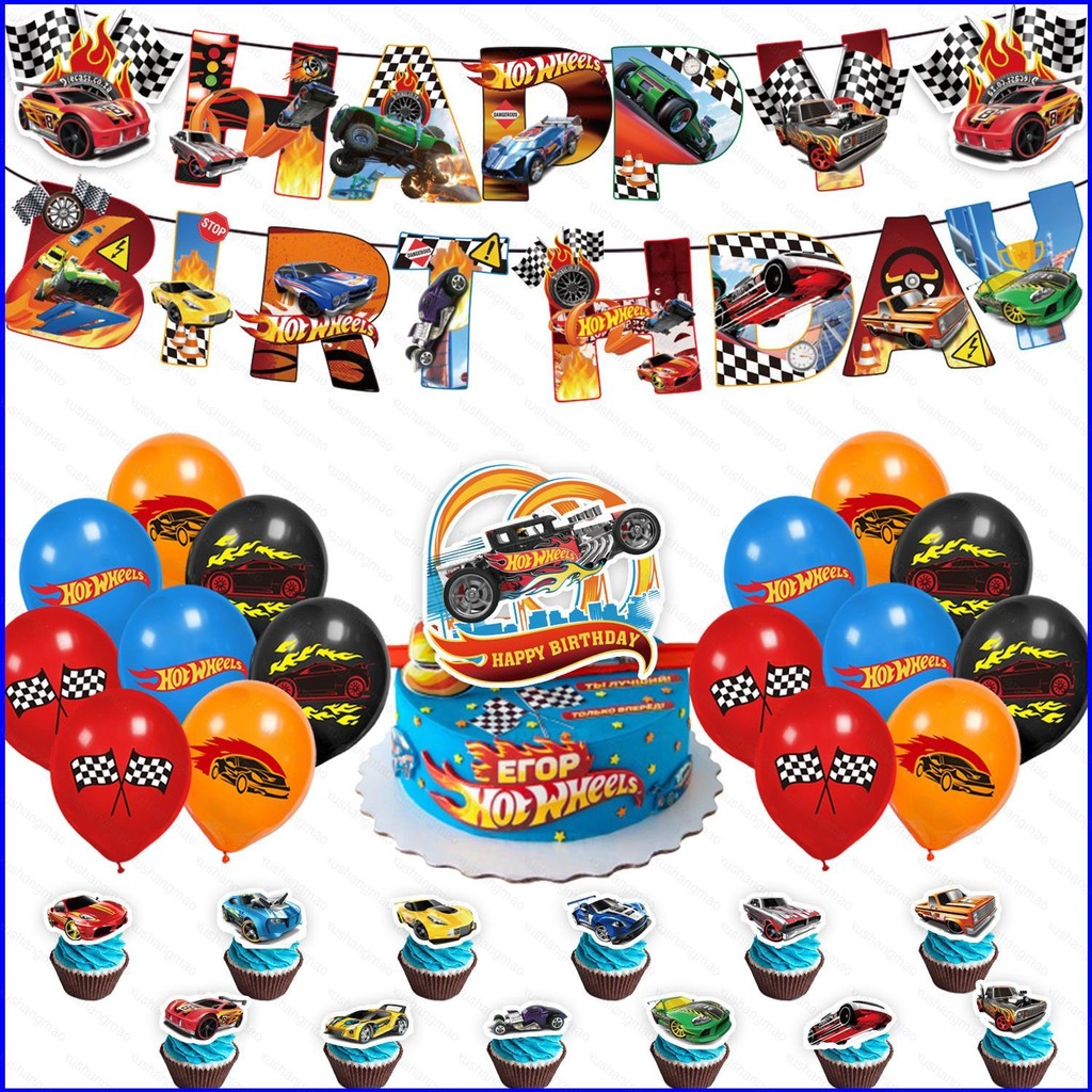 HQ3 Hot Wheels theme kids birthday party decorations banner cake topper ...
