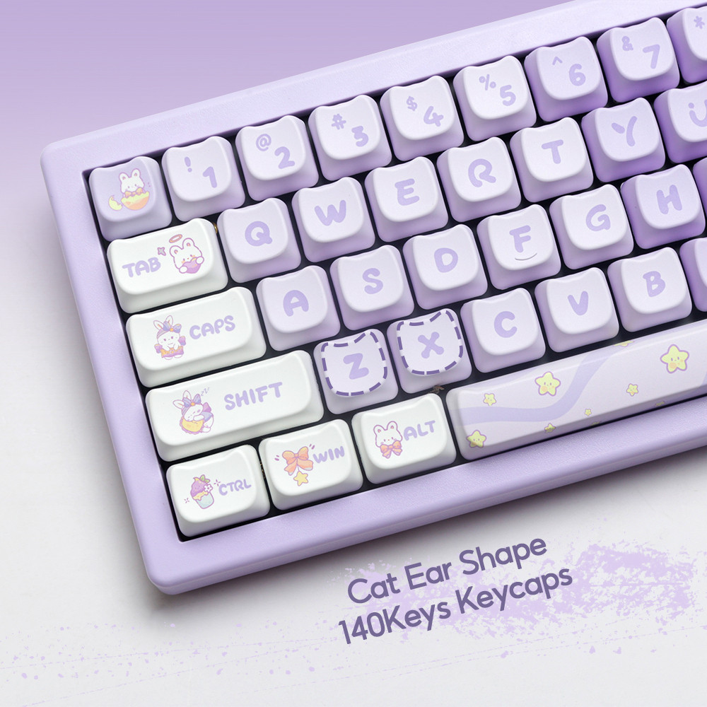 Purple Dream Rabbit 140Keys/Set Keycaps Cat Ear Shape PBT MAO Profile ...