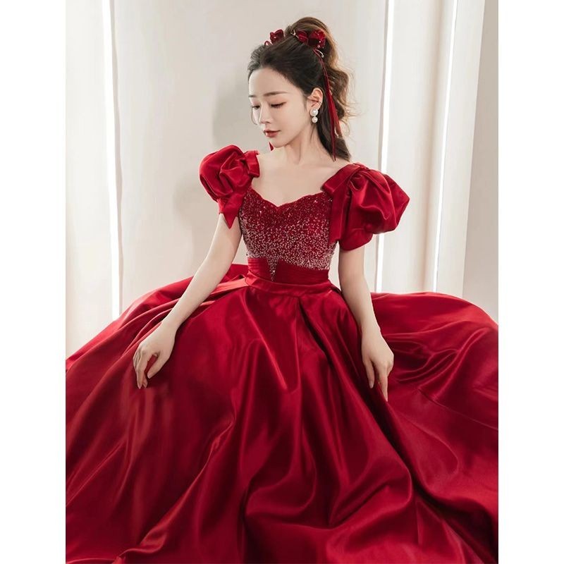 Hawlife Korean Red Puff Sleeve Elegant Banquet Ball JS Cocktail Debut ...