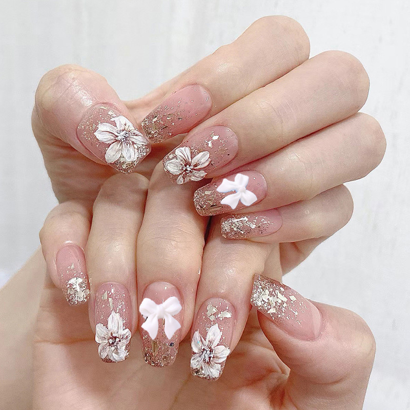 24 Pcs Fake Nails Set with Glue Butterfly Flower Bow Diamond Design ...
