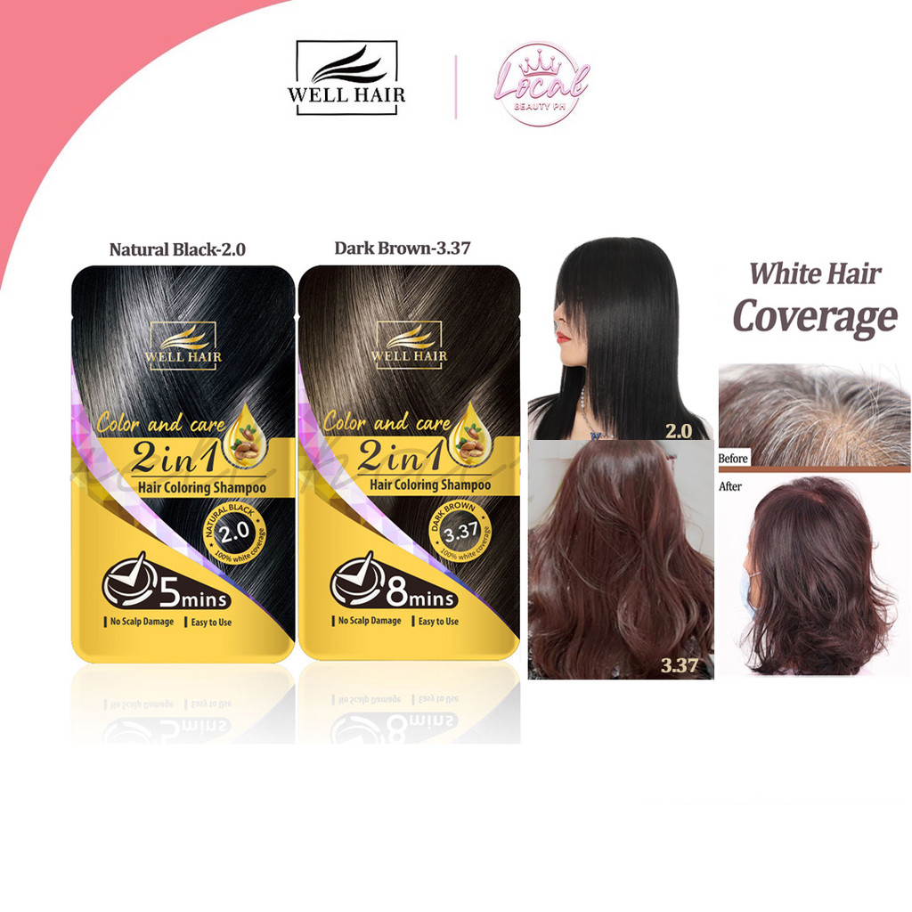 Well Hair Color Shampoo Covering White hair 30 ml Black and Brown easy ...