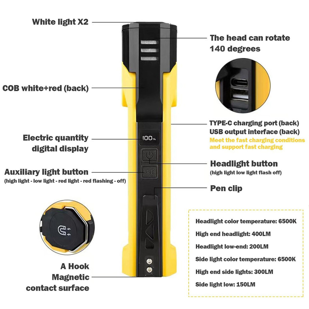 Red and white dual light flashlight 180 degree rotating work light ...