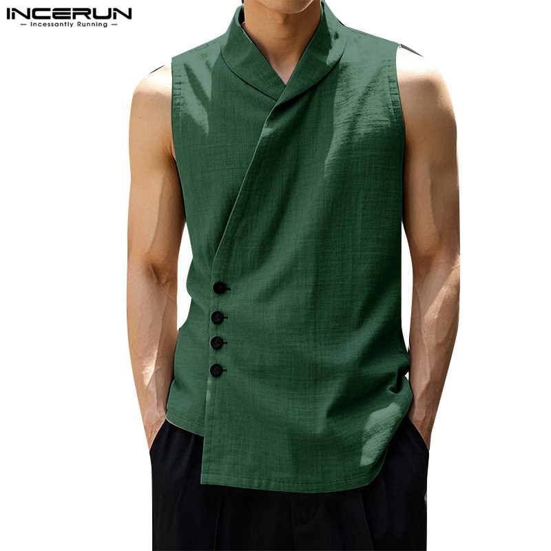 INCERUN men's collar solid color button design sleeveless shirt ...