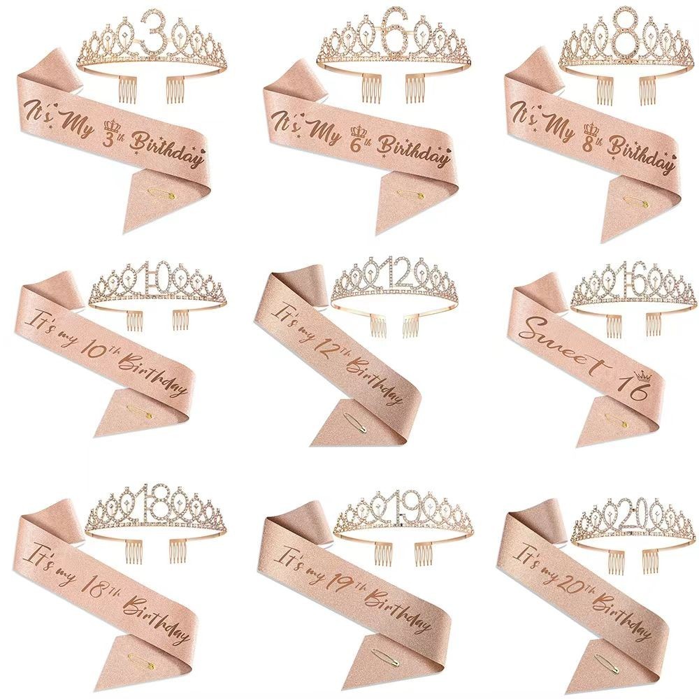 1-100Y Birthday Sash Crown Sets Satin Sash Shoulder Strap Girls ...