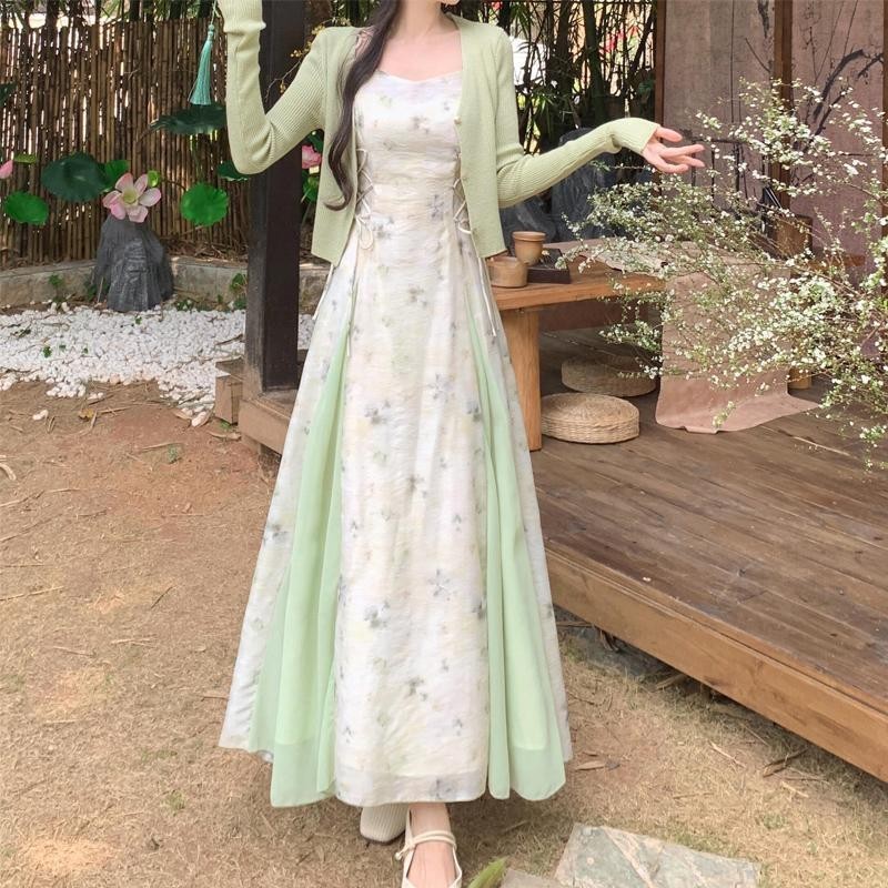 Spring Summer Women's French Chiffon Floral Strap Dress Two-Piece Suit ...