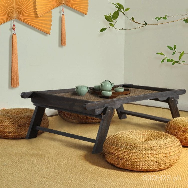Solid Wood Bamboo Woven Balcony Tatami Small Table Folding Tea Table ...