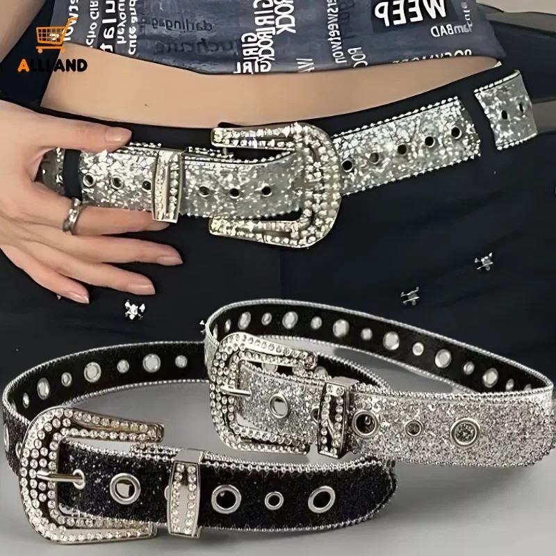 Y2K Punk Rhinestone Belts - PU Leather Solid Print Studded Full ...