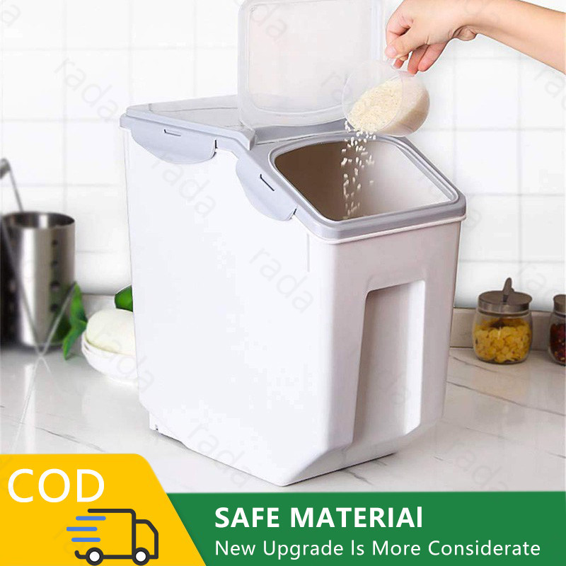 Rice Storage Container with Wheel and Spoon PP Plastic Rice Bucket 25 ...