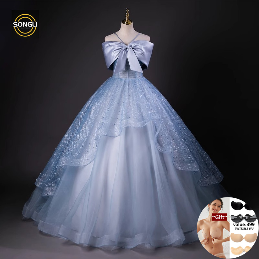 Blue Off Shoulder Princess Prom Gown Long Dress Annual Conference Host ...