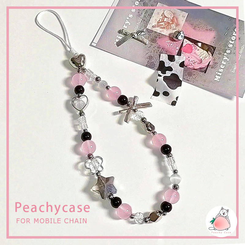 Fashion Silver Bowknot Star Heart Shaped Pink Beaded Phone Chain Wrist ...