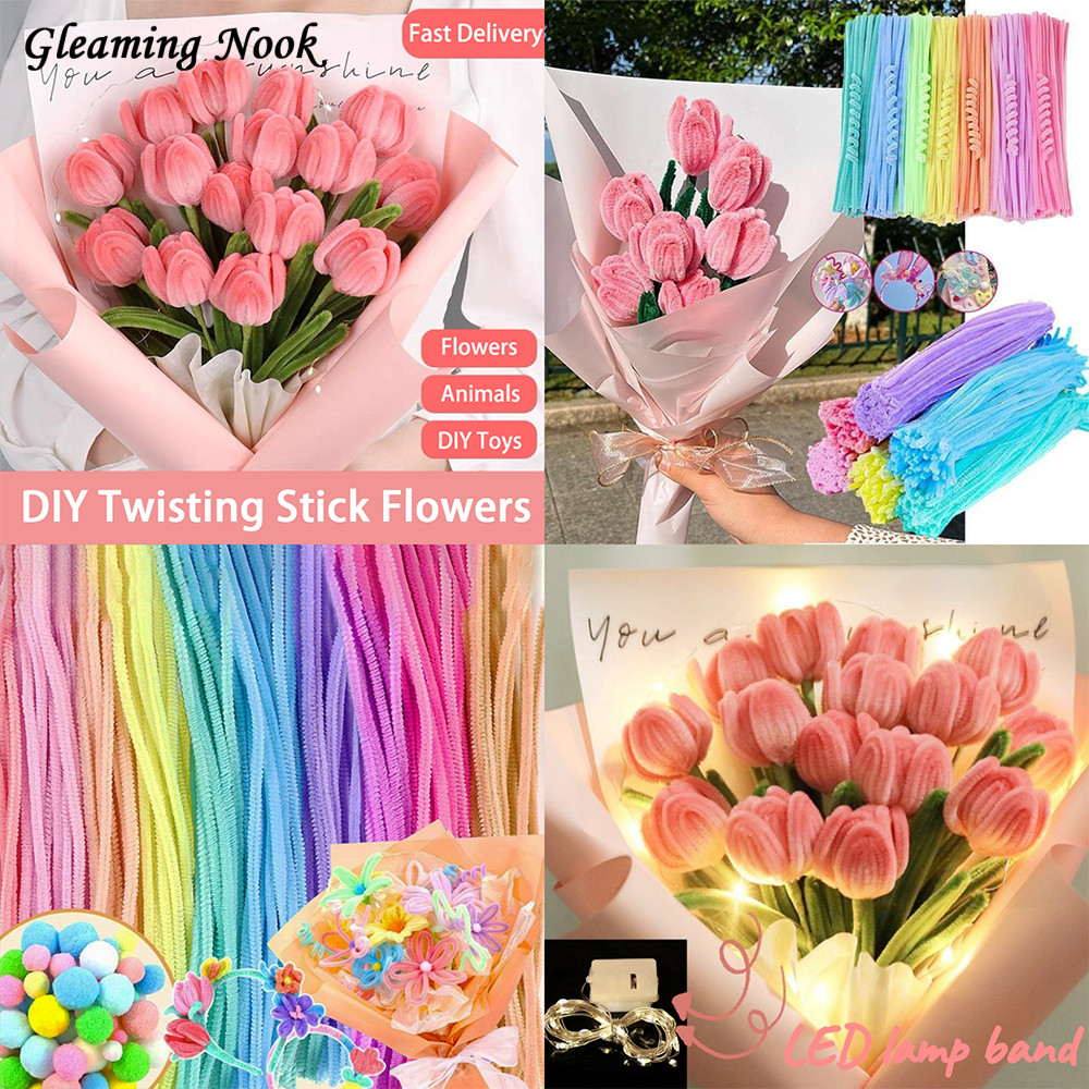 100Pcs Colorful Flower DIY Material Fuzzy Wire Craft Mother's Day Gift ...