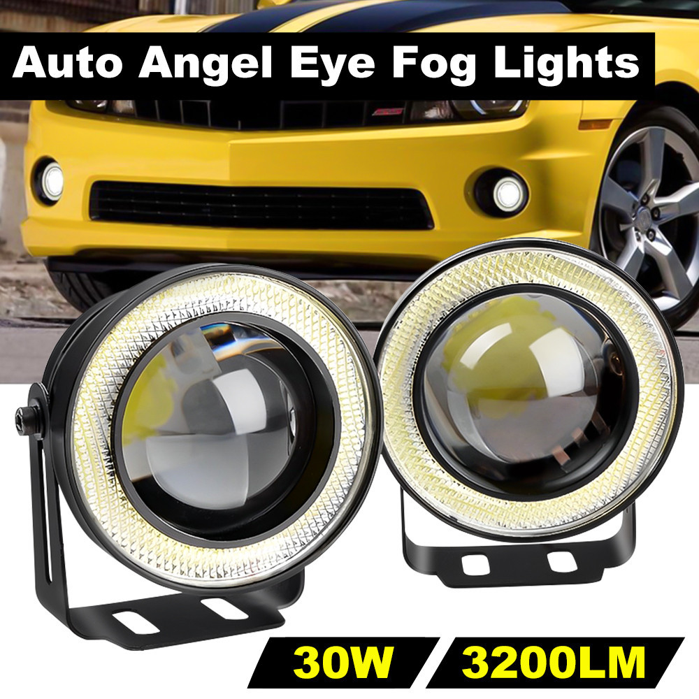 2Pcs 3.5"12V Universal COB LED Fog Light Projector Car White&Blue Angel Eyes Halo Ring DRL Lamp ...