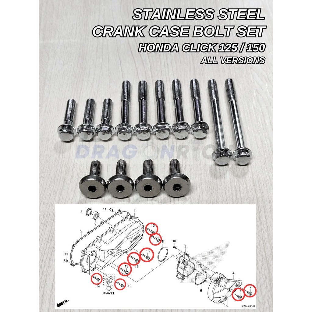 CLICK 125/150i Crank Case Bolt Set CVT Stainless Bolts Steel Chrome ...