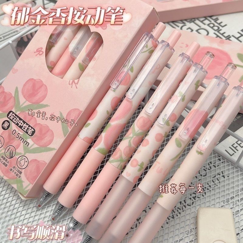 6pcs/box Pink Tulip Sweet Flower Girly Style Gel Pen Set Retractable ...