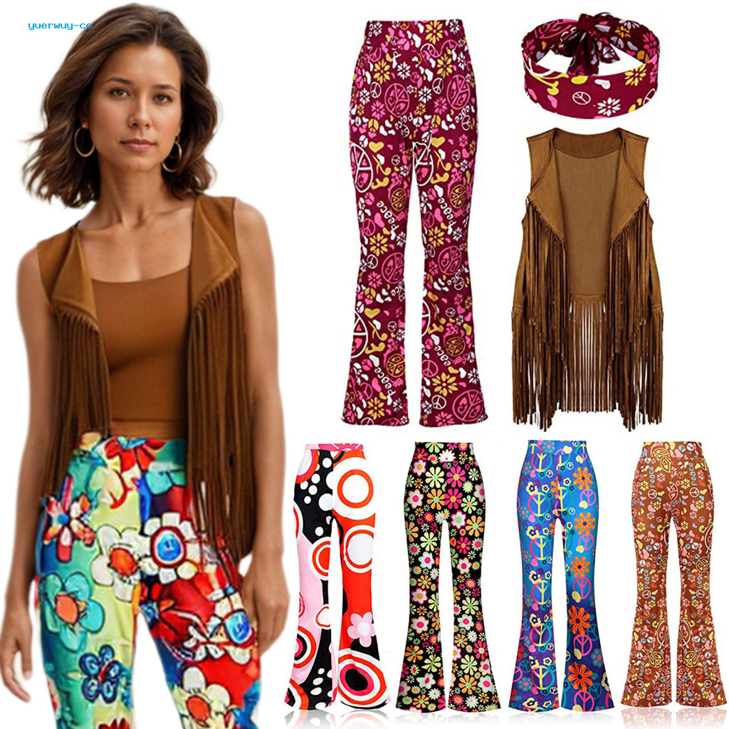 yuerwuy Women Bell Bottoms Set Retro 70s Style Outfit Boho Chic Hippie ...