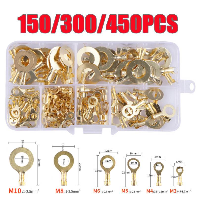 150/300/450PCS Ring Lugs Eyes Copper Crimp Terminals Cable Lug Wire ...