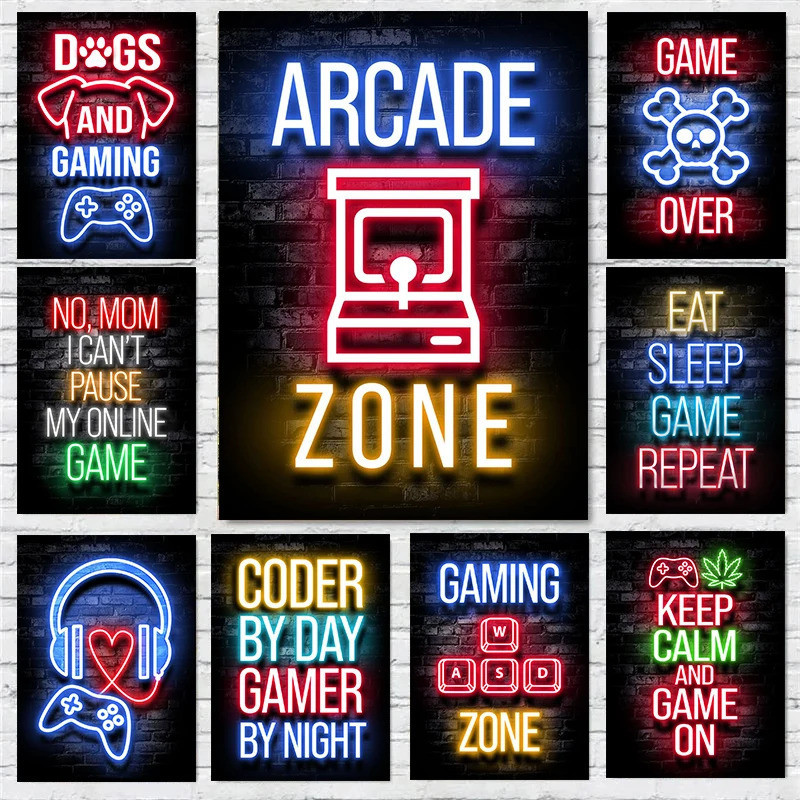 Neon Effect Game Slogan Pictures Flat Printed on Canvas Wall Posters ...