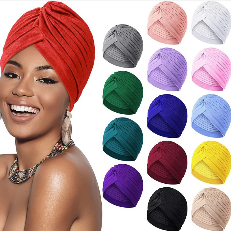 Fashion Women Indian Style Stretchable Pleated Turban Hat Cap Head Wrap ...