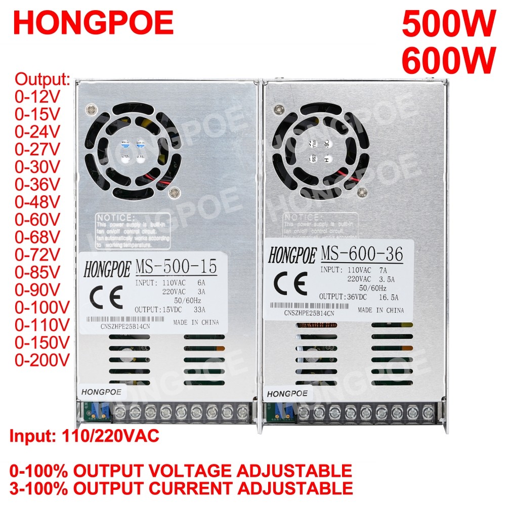 Adjustable 500W 600W Power Supply 0-12V 15V 24V 30V 36V 48V 60V 72V 85V 90V 110V 150V 200V 110 ...