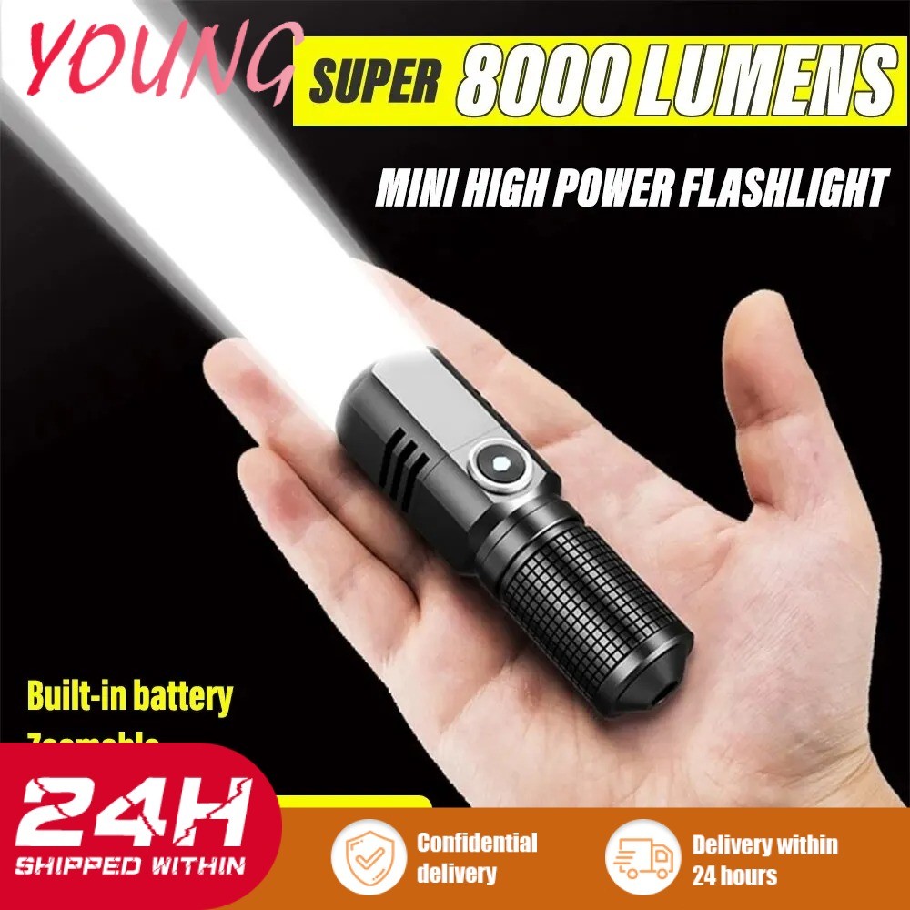 Mini Flashlight XHP50 LED USB C Rechargeable 18650 Battery Flashlight ...
