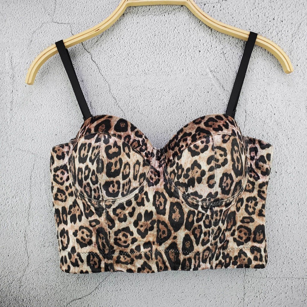 Leopard print velvet short elastic steel ring wrapped chest strap vest ...