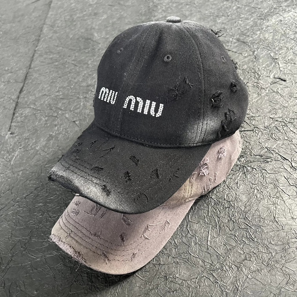 Miu miu Hat rhinestone letter logo design Baseball Cap Damage fabric ...